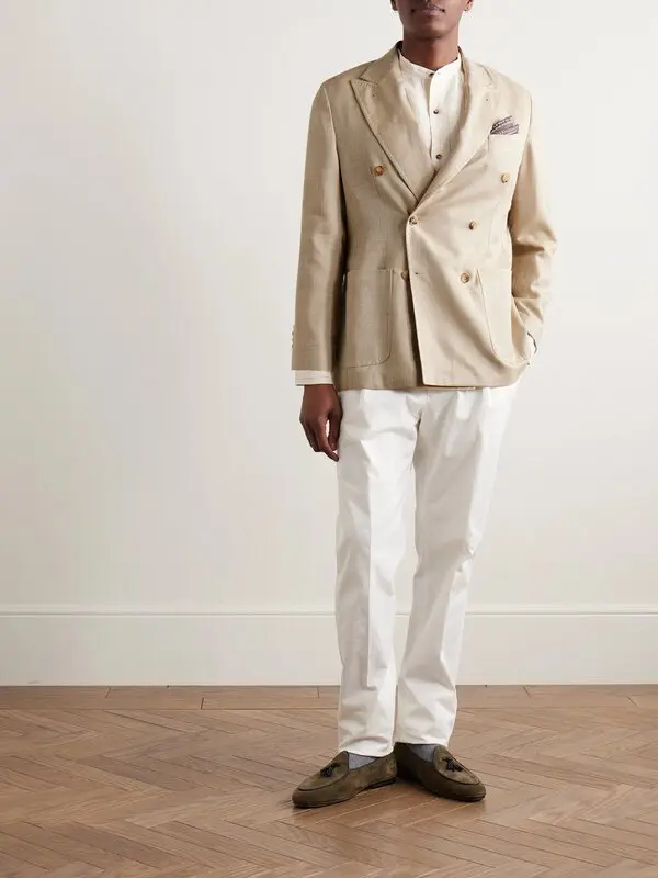 Rubinacci Unstructured Double-breasted Herringbone Virgin Wool, Silk And Linen-blend Blazer