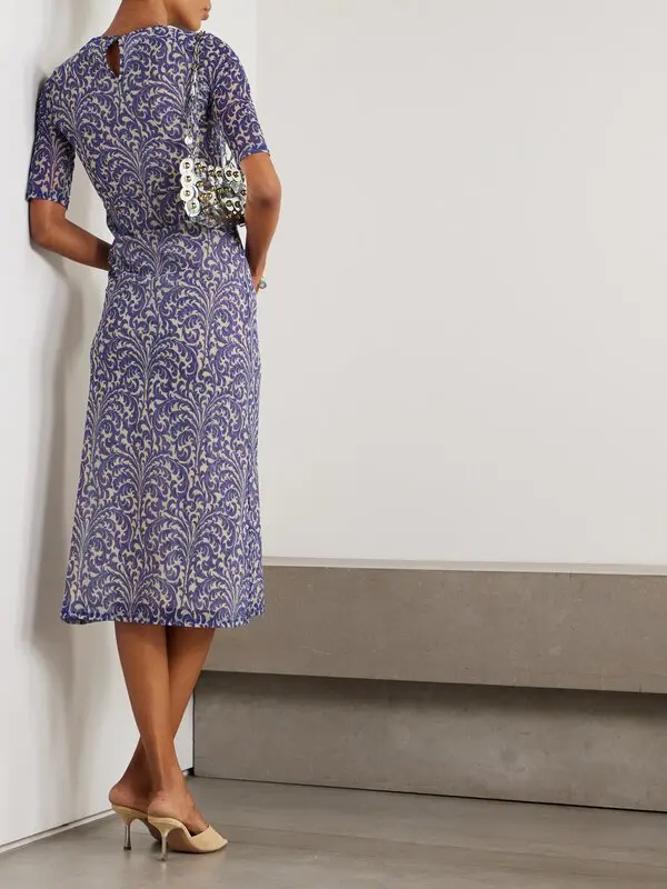 Etro Flocked Printed Mesh Midi Dress - Purple