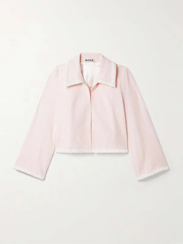 BODE Cropped Appliquéd Striped Cotton-blend Seersucker Jacket - Baby Pink