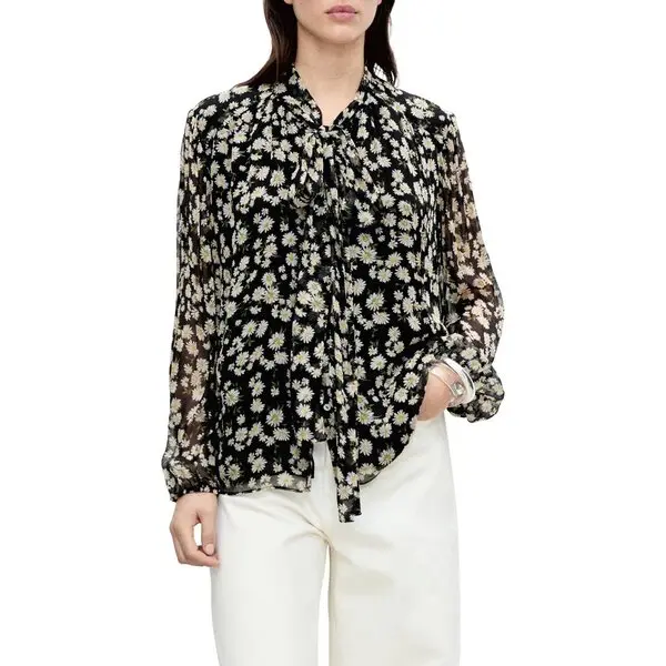 Mango Belle Floral Chiffon Tie Neck Top - Black