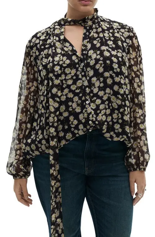 Mango Belle Floral Chiffon Tie Neck Top - Black