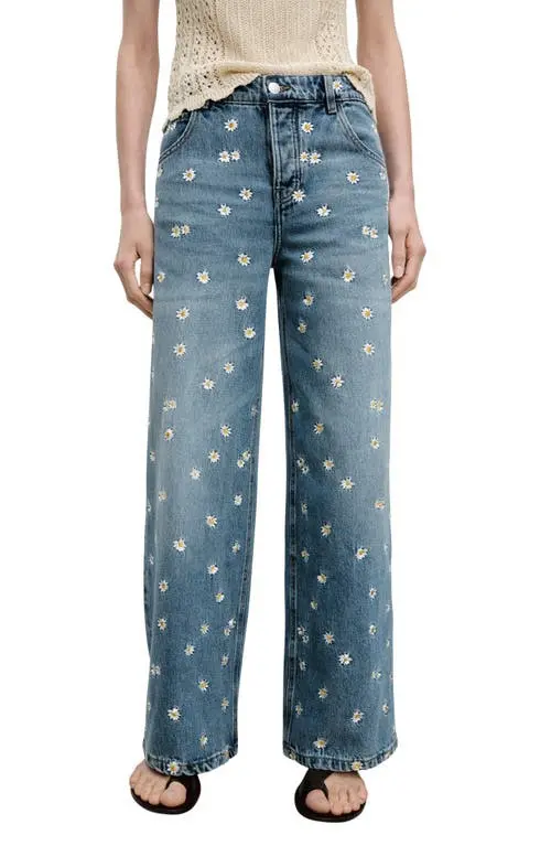 Mango Embroidered Wide Leg Jeans