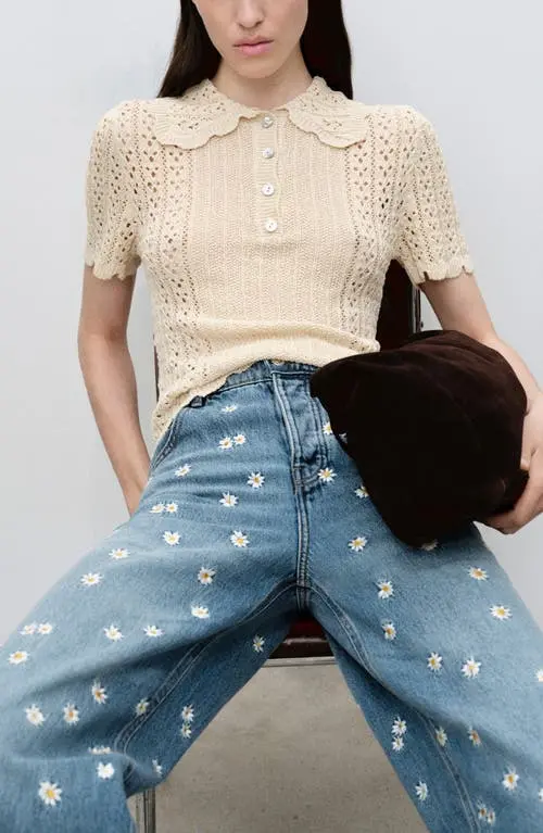 Mango Embroidered Wide Leg Jeans