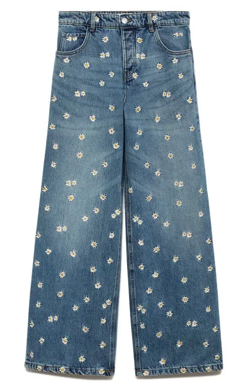 Mango Embroidered Wide Leg Jeans