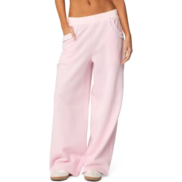 EDIKTED Ashtin Ruffle Trim Wide Leg Sweatpants - Light-pink