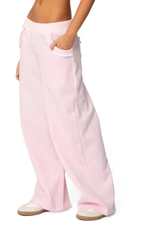 EDIKTED Ashtin Ruffle Trim Wide Leg Sweatpants - Light-pink