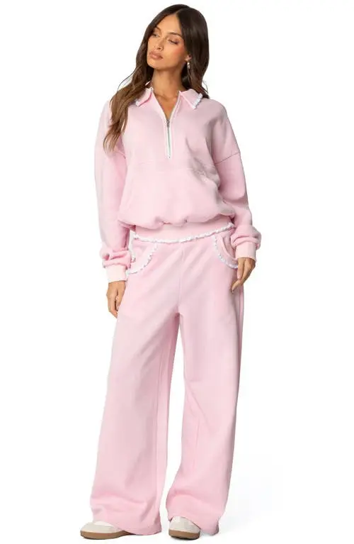 EDIKTED Ashtin Ruffle Trim Wide Leg Sweatpants - Light-pink