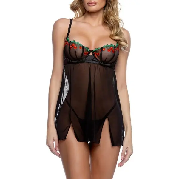 ROMA CONFIDENTIAL Cherry Delight Embroidered Babydoll & G-string Set - Black/multi