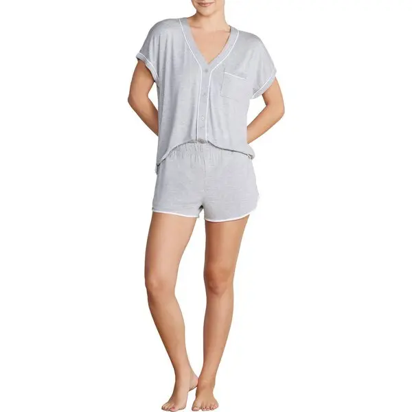 Barefoot Dreams Malibu Collection® Soft Jersey Piped Pajamas - Heather Gray-white
