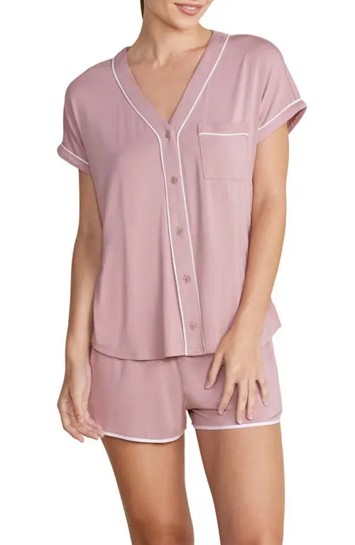 Barefoot Dreams Malibu Collection® Soft Jersey Piped Pajamas - Teaberry-white