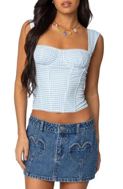 EDIKTED Marcella Gingham Mesh Corset Top - Light-blue