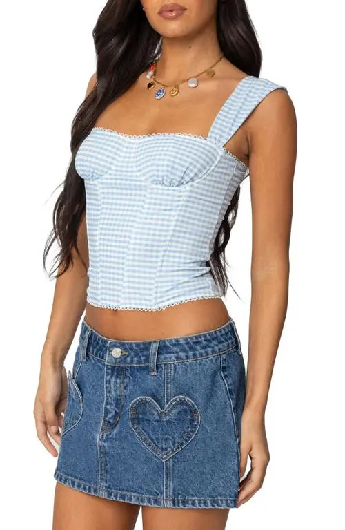 EDIKTED Marcella Gingham Mesh Corset Top - Light-blue