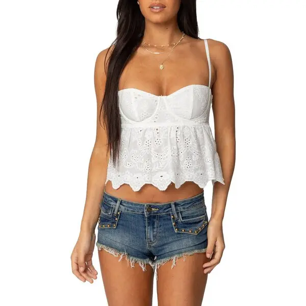 EDIKTED Emme Eyelet Cotton Babydoll Camisole - White