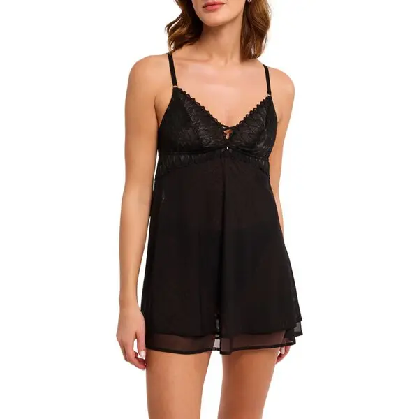 MONTELLE INTIMATES Lacy Babydoll Chemise & Thong Set - Black