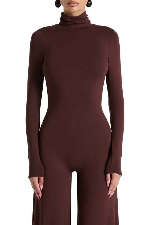 Naked Wardrobe Sculpt Turtleneck Wide Leg Jumpsuit - Chocolate