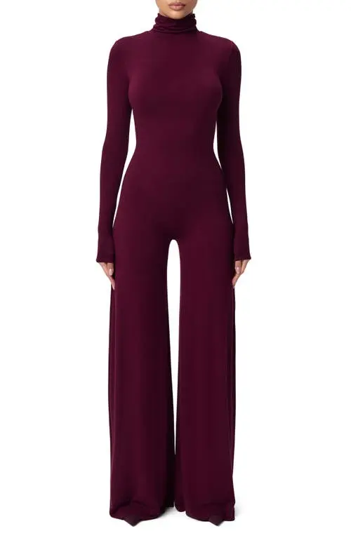 Naked Wardrobe Sculpt Turtleneck Wide Leg Jumpsuit - Dark Plum