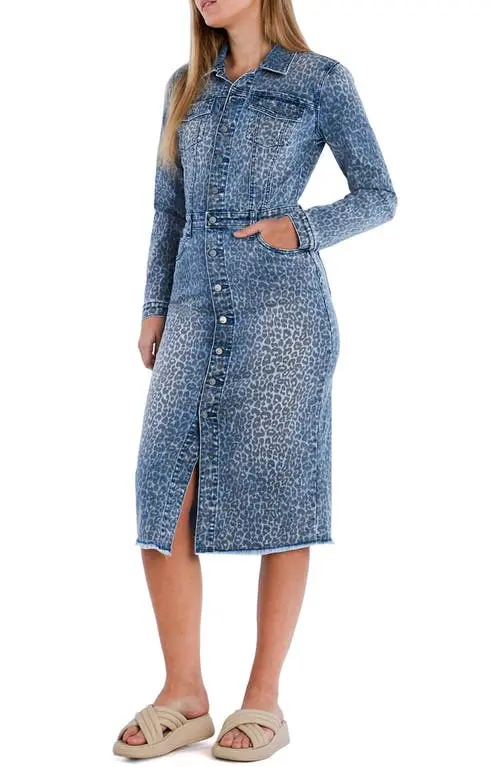 WASH LAB DENIM Animal Print Trucker Shirt Dress - Denim Leopard