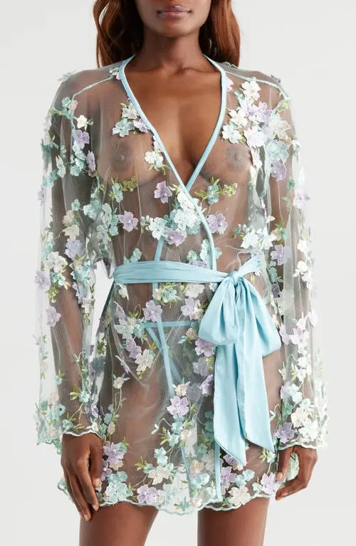 KILO BRAVA Floral Embroidered Sheer Mesh Robe - Powder Blue Multi