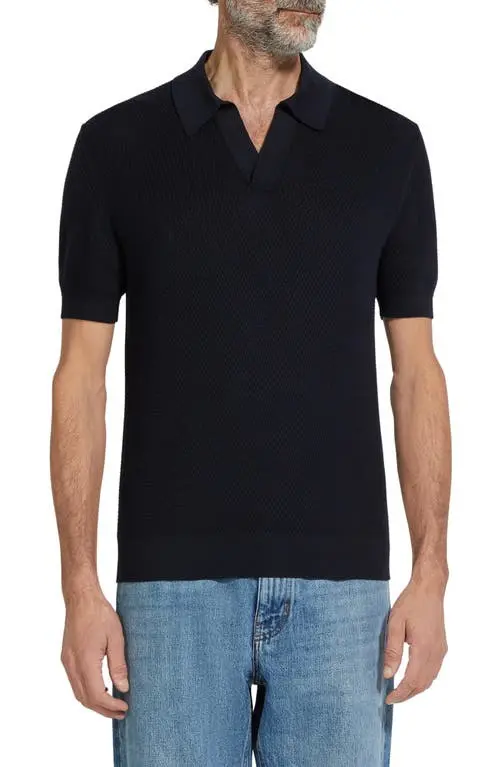 Zegna Waffle Knit Premium Cotton Polo Sweater - Navy Solid