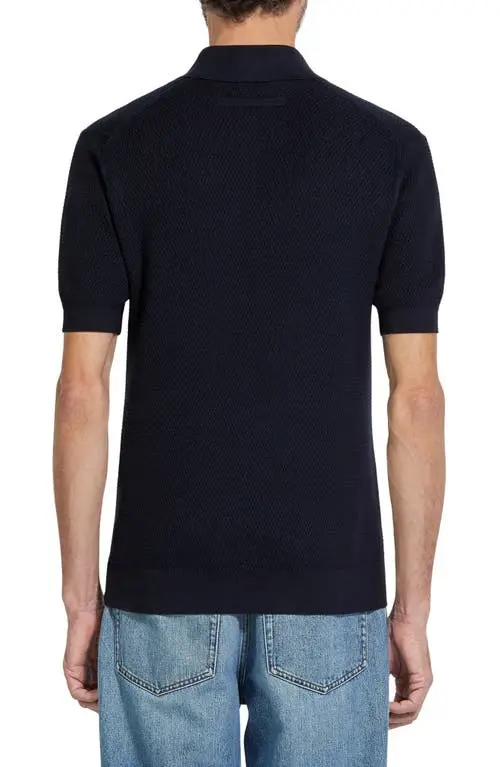 Zegna Waffle Knit Premium Cotton Polo Sweater - Navy Solid