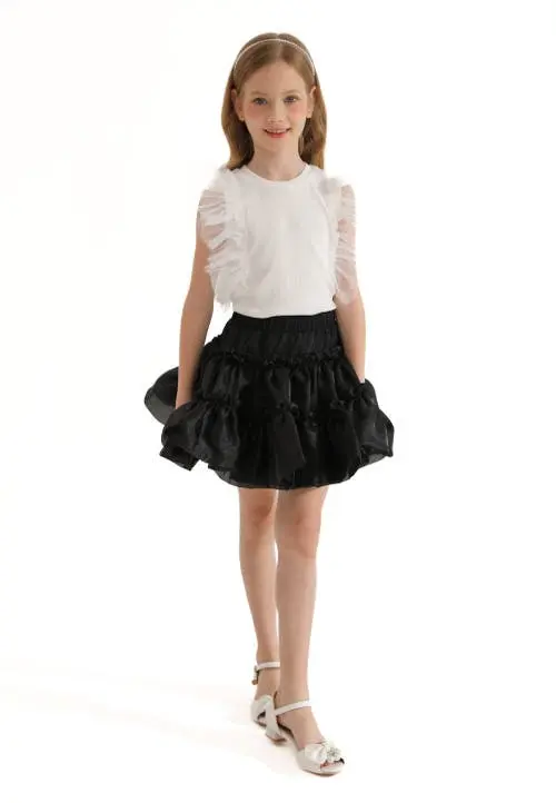 MIMI TUTU Frilled Satin Skort - Black