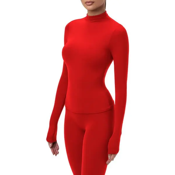 Naked Wardrobe Mock Neck Long Sleeve Top - Red