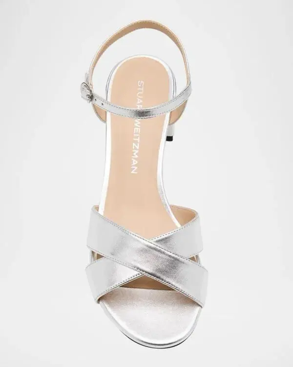 STUART WEITZMAN Dayna Metallic Leather Crisscross Sandals - Silver