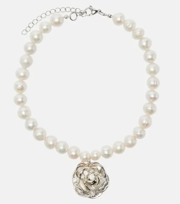 Magda Butrym Floral Faux Pearl Pendant Necklace - Silver