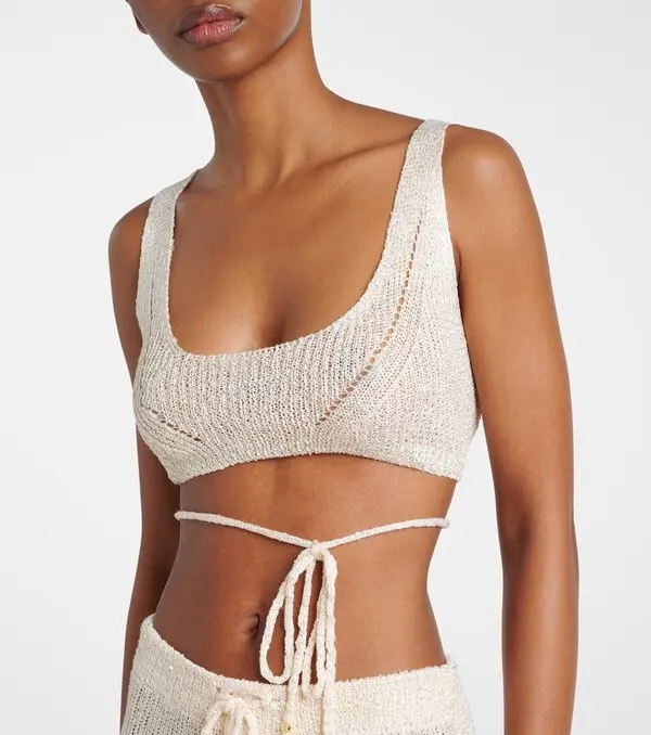 BANANHOT Alma Sequined Knitted Bikini Top - White