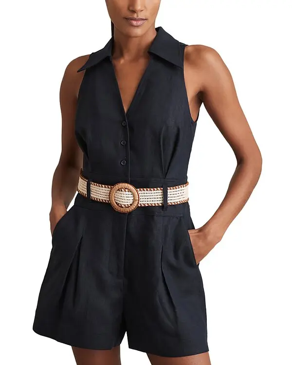 REISS Anjie Linen Playsuit - Navy