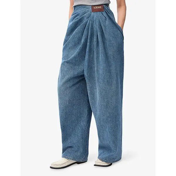 Loewe Draped Barrel-leg Denim Jeans With Logo Patch