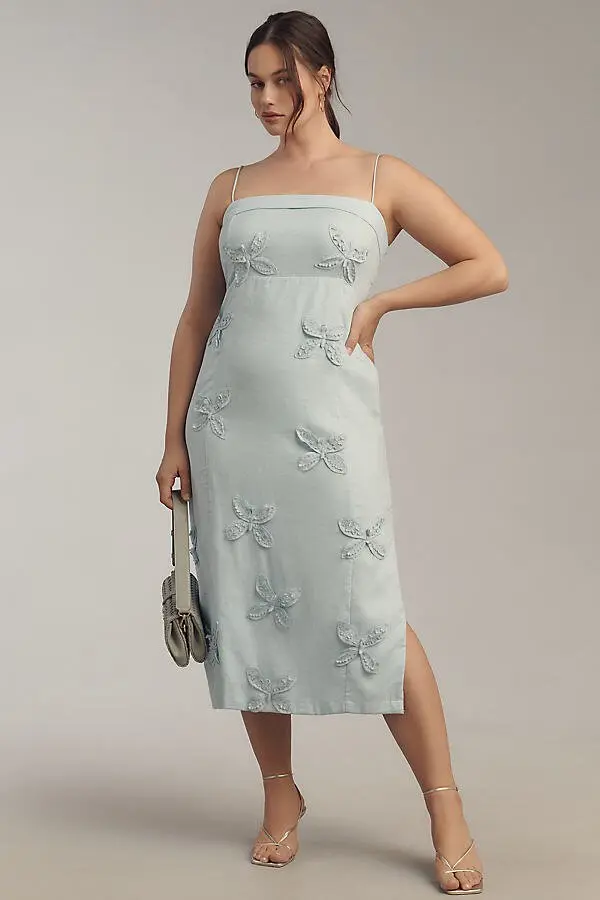 Maeve Linen Blend Appliqu Midi Dress In Blue - 68% Off | Editorialist