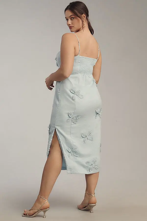 maeve linen blend appliqué midi dress Maeve Linen Blend Appliqué Midi Dress In Blue - 68% Off