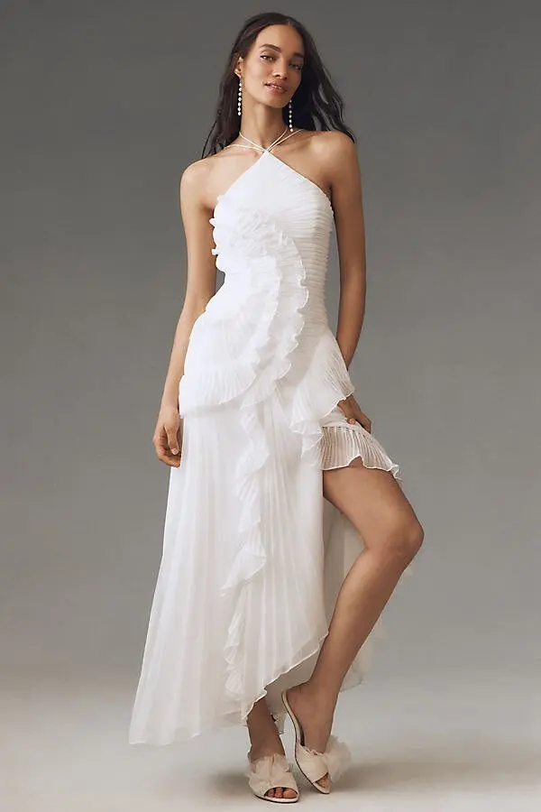 Amur Lorelie Halter Pleated Ruffled Gown In White | Editorialist