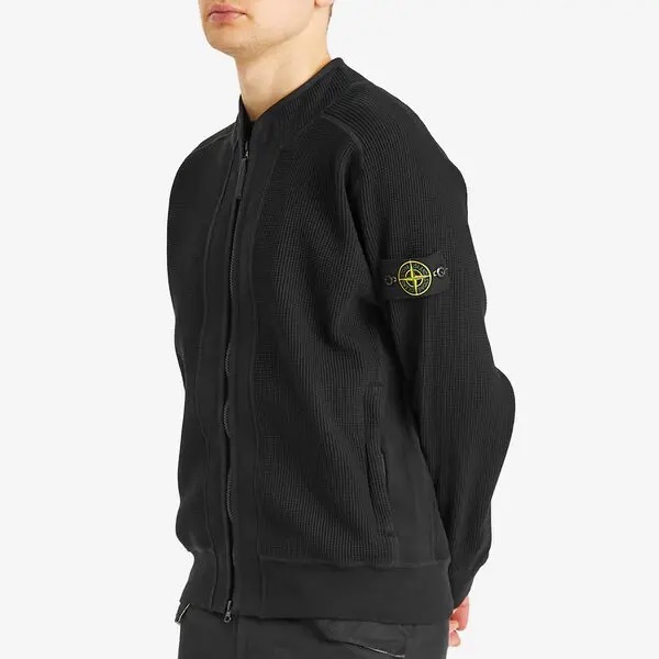 Stone Island Waffle Full Zip Sweatshirt In Black - 30% Off