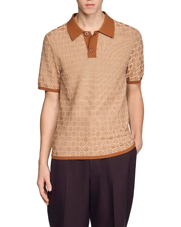 Sandro Square Cross Jacquard Polo Shirt - Camel