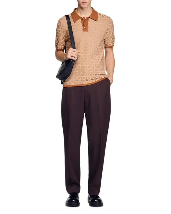 Sandro Square Cross Jacquard Polo Shirt - Camel