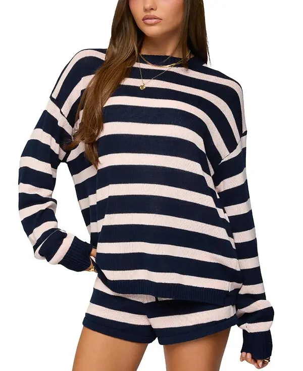 EDIKTED Amaris Oversized Striped Knit Sweater - Navy-and-pink