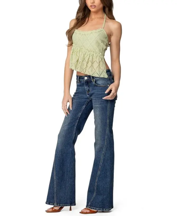EDIKTED Asymmetric Sheer Lace Halter Top
