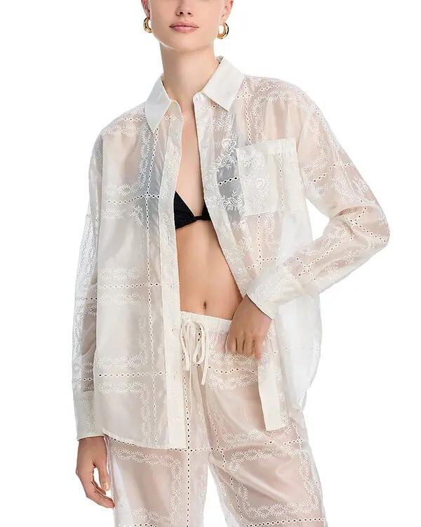 Aqua Embroidered Swim Cover-up Shirt - Eggshell