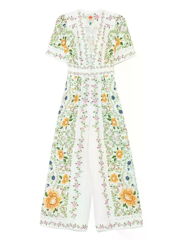 Farm Rio Folk Floral Jumpsuit - White
