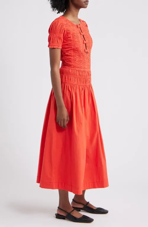 Damson Madder Smocked Drop Waist Organic Cotton Midi Dress In Red - 65% Off  | Editorialist