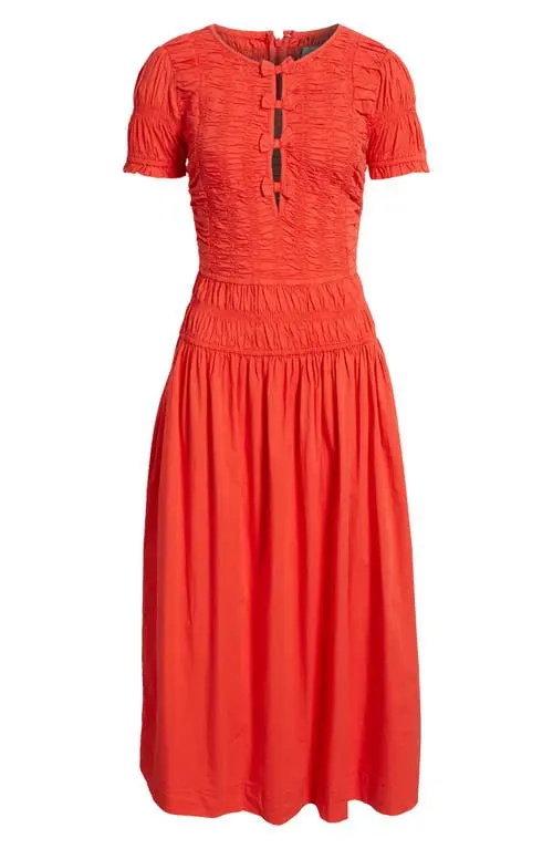 Damson Madder Smocked Drop Waist Organic Cotton Midi Dress In Red - 65% Off  | Editorialist