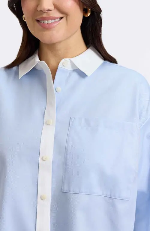 Foxcroft Marina Contrast Trim Cotton Button-up Shirt - Soft Blue