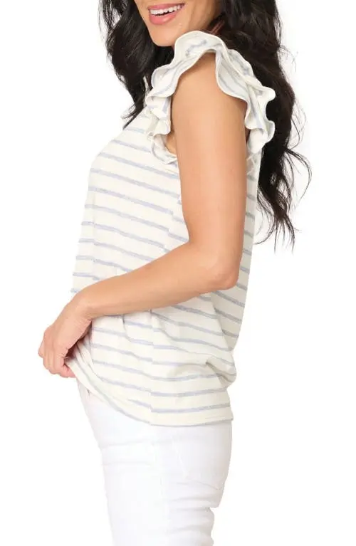 GIBSONLOOK Butterfly Stripe Ruffle Cap Sleeve Top - Chambray Blue Stripe