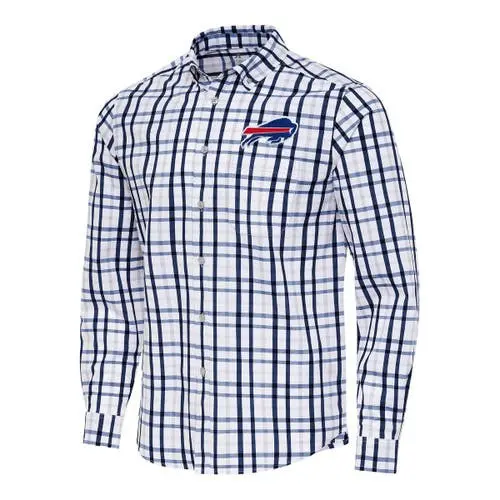 ANTIGUA Gray Buffalo Bills Tending Woven Tri-blend Long Sleeve Button-down Shirt - Navy