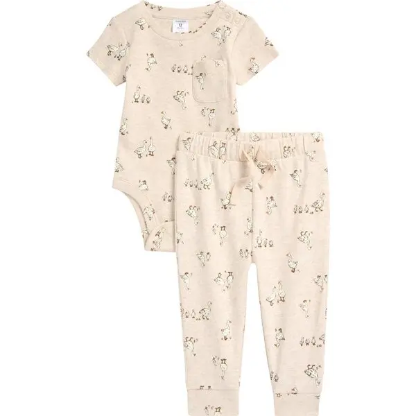 Nordstrom Patterned Cotton Romper And Joggers Set - Beige Oatmeal Heather Geese