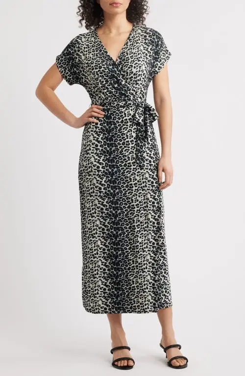 Loveappella Leopard Print Faux Wrap Midi Dress - Black/ Grey