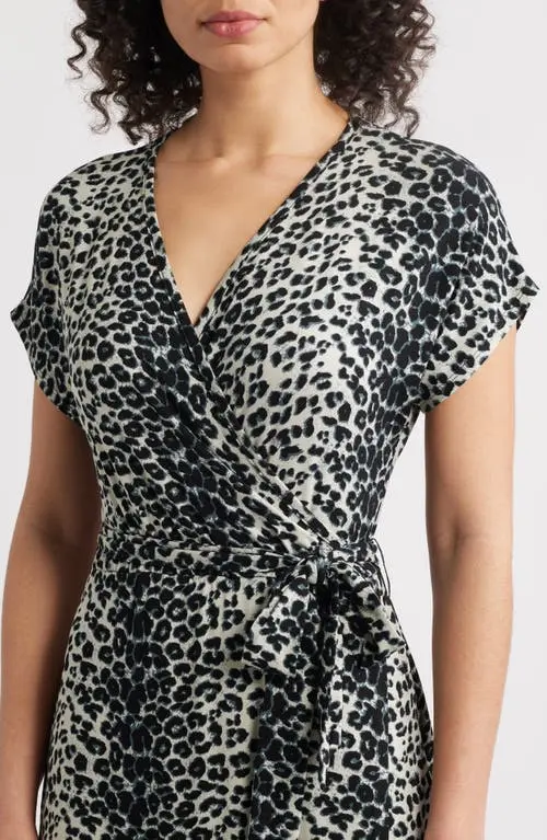 Loveappella Leopard Print Faux Wrap Midi Dress - Black/ Grey