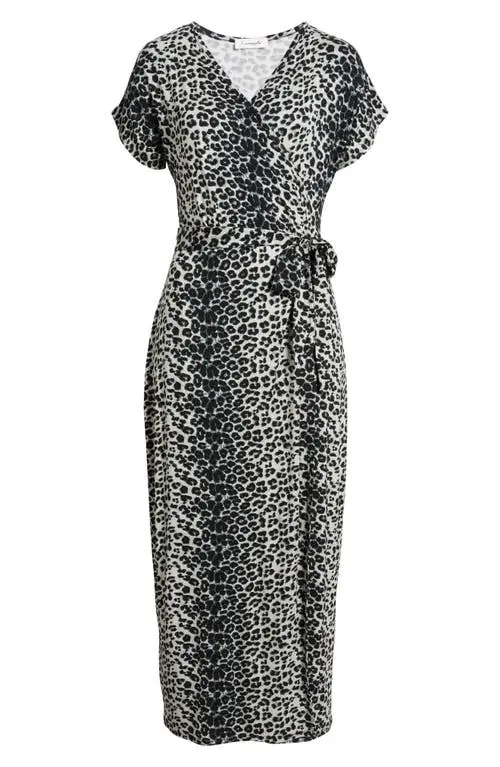 Loveappella Leopard Print Faux Wrap Midi Dress - Black/ Grey